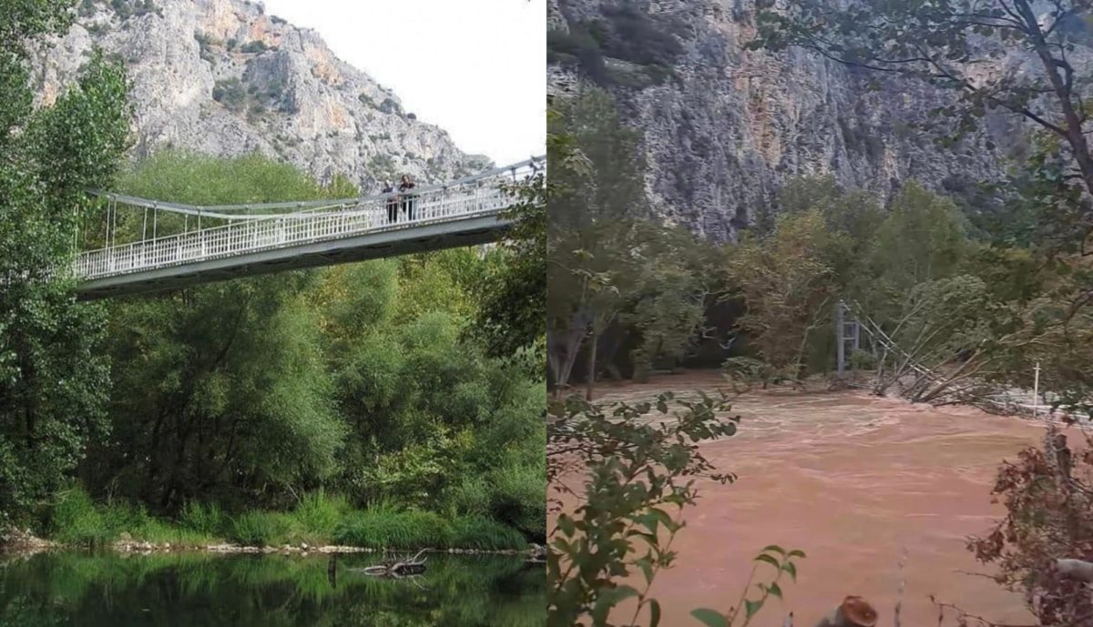 Δραματικές εικόνες: Ο Πηνειός εξαφάνισε την κρεμαστή γέφυρα των Τεμπών ...